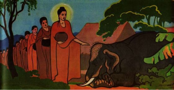 The Blessed one taming Nalagiri elephant which was sent to crush him ...